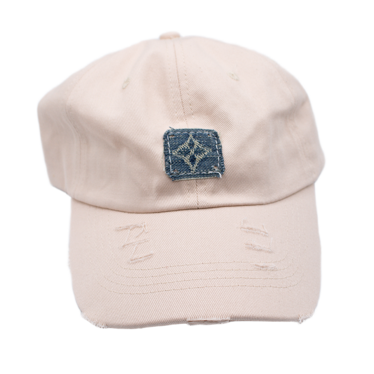 Cream Baseball Cap with Upcycled LV Classic Wash Denim Quatrefoil Patc ...