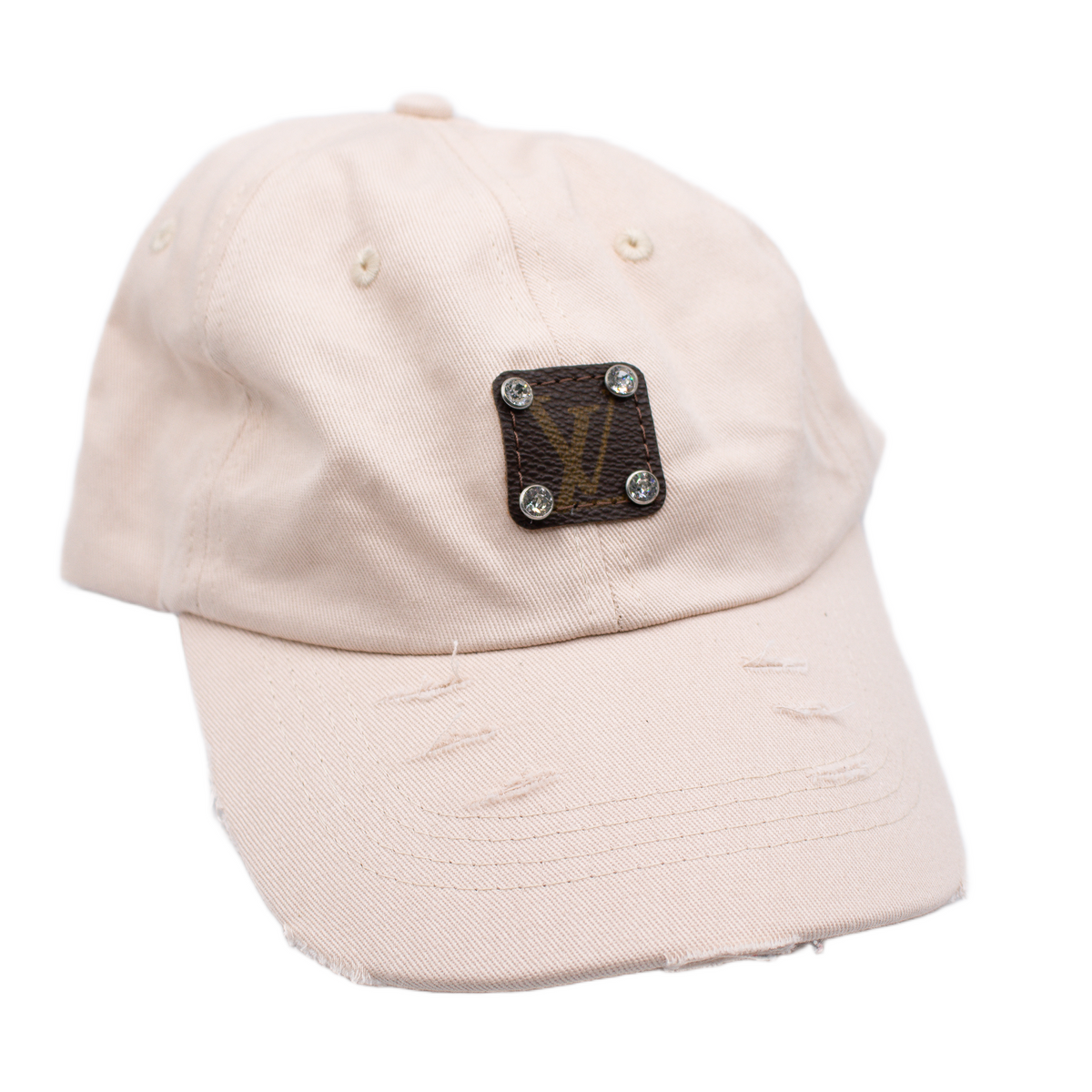 Cream Baseball Cap with Small Upcycled LV Monogram Patch (Embellished ...